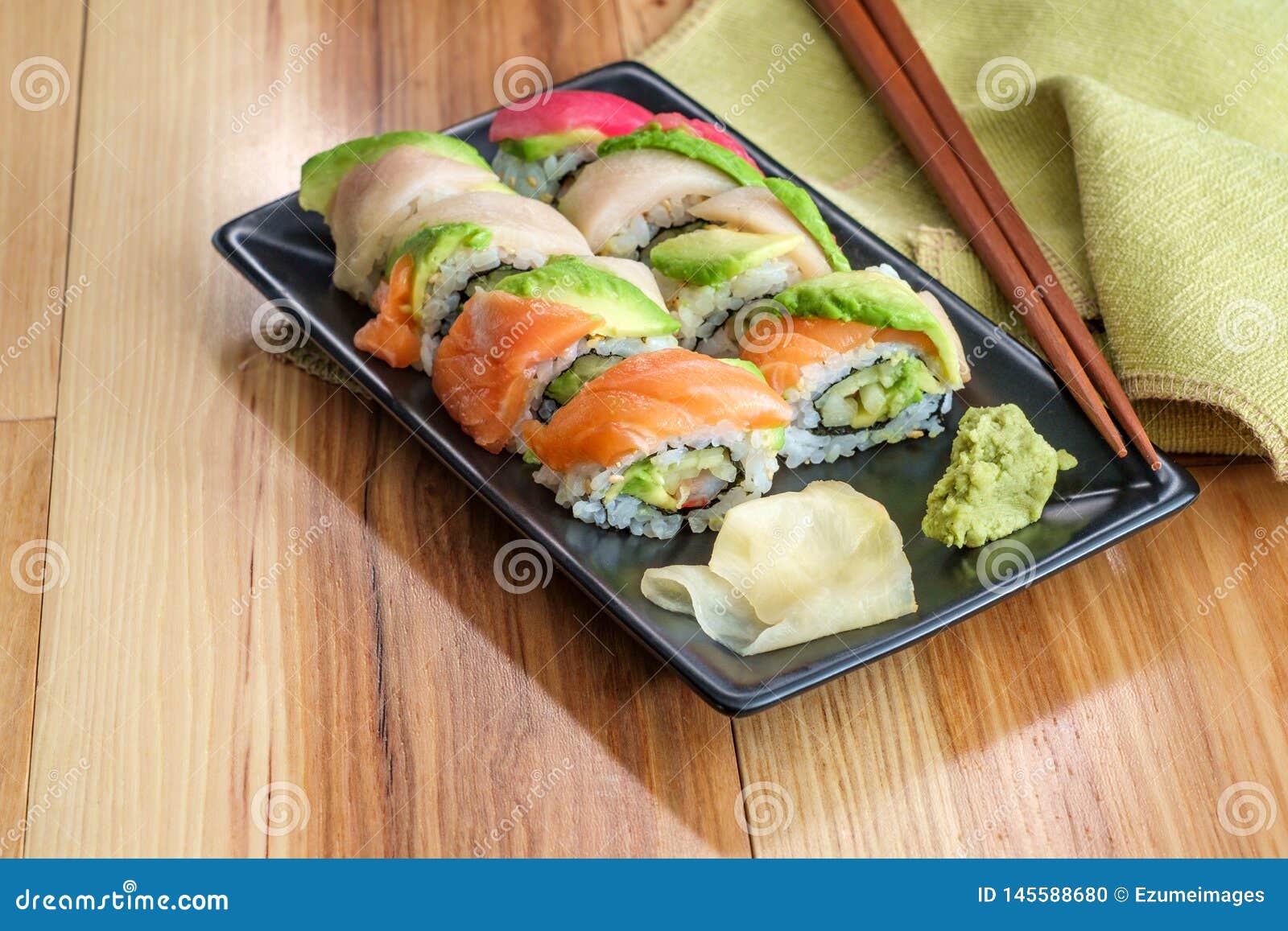 Rainbow Sushi Roll stock photo. Image of food, avocado - 145588680