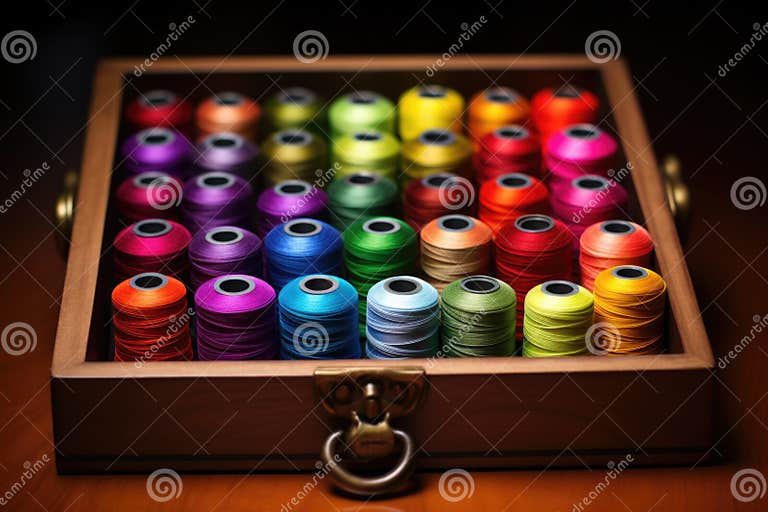 Rainbow of Thread Spools in a Sewing Box Stock Image - Image of craft ...
