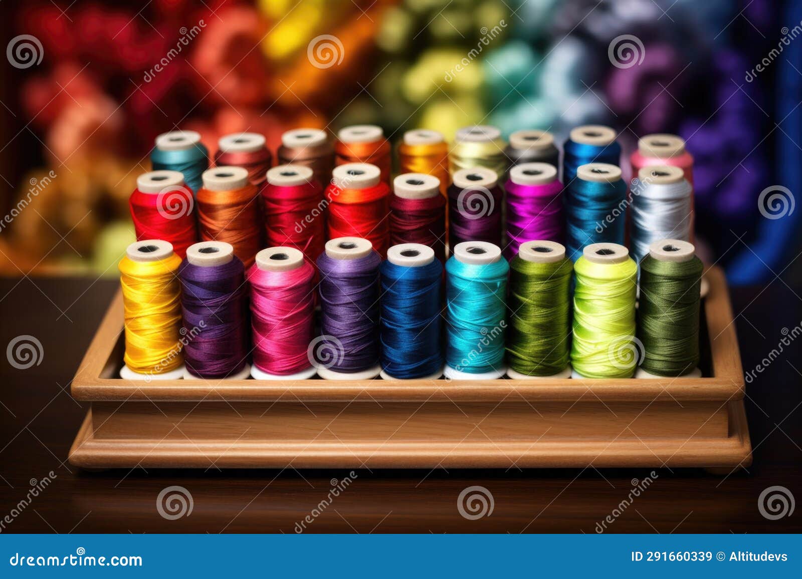 Rainbow of Thread Spools in a Sewing Box Stock Image - Image of ...