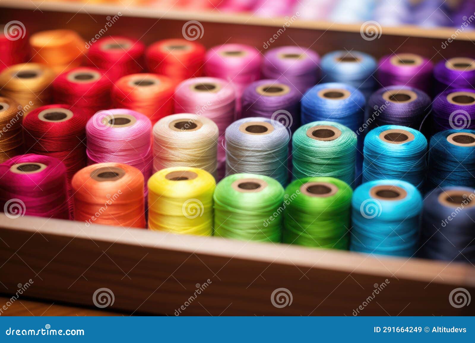 Rainbow of Thread Spools in a Sewing Box Stock Image - Image of ...