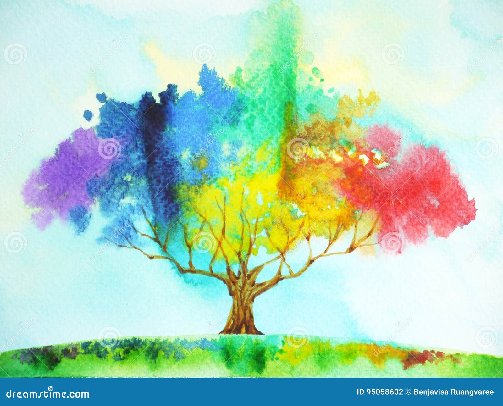 Rainbow Tree Color Colorful Watercolor Painting Illustration Stock ...