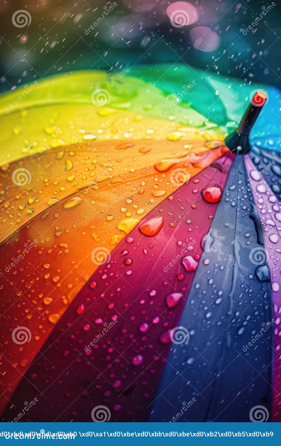 Rainbow Umbrella Dripping Water. Selective Focus Stock Photo - Image of ...