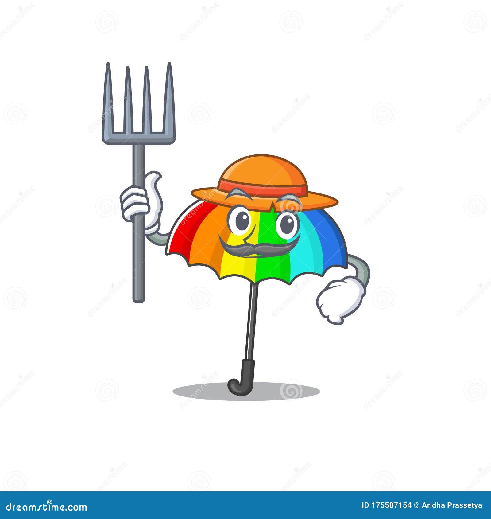 Rainbow Umbrella in Farmer Cartoon Character with Hat and Pitchfork ...