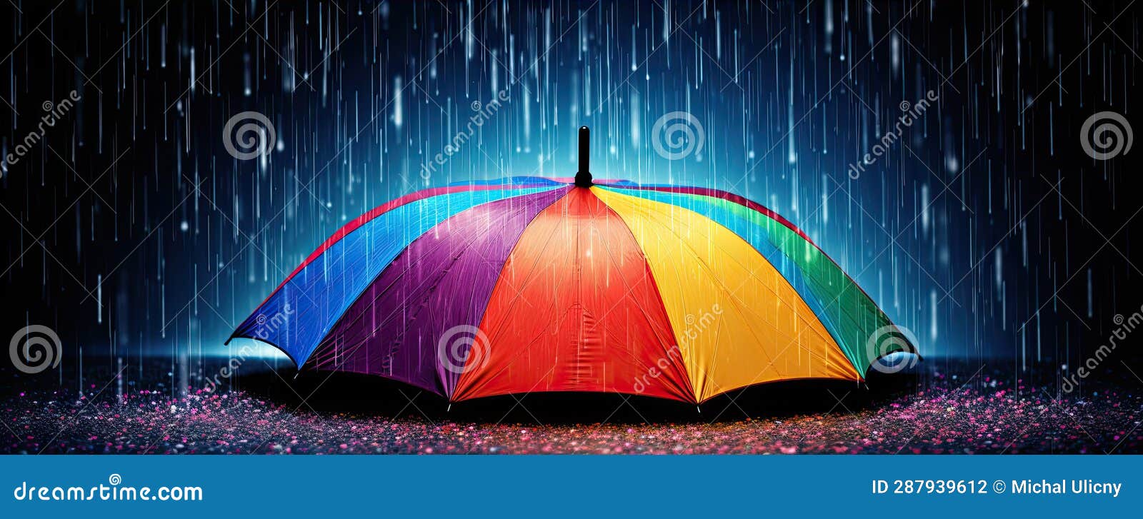 Rainbow Umbrella in Heavy Rain. Raining Protection Concept Stock Photo ...