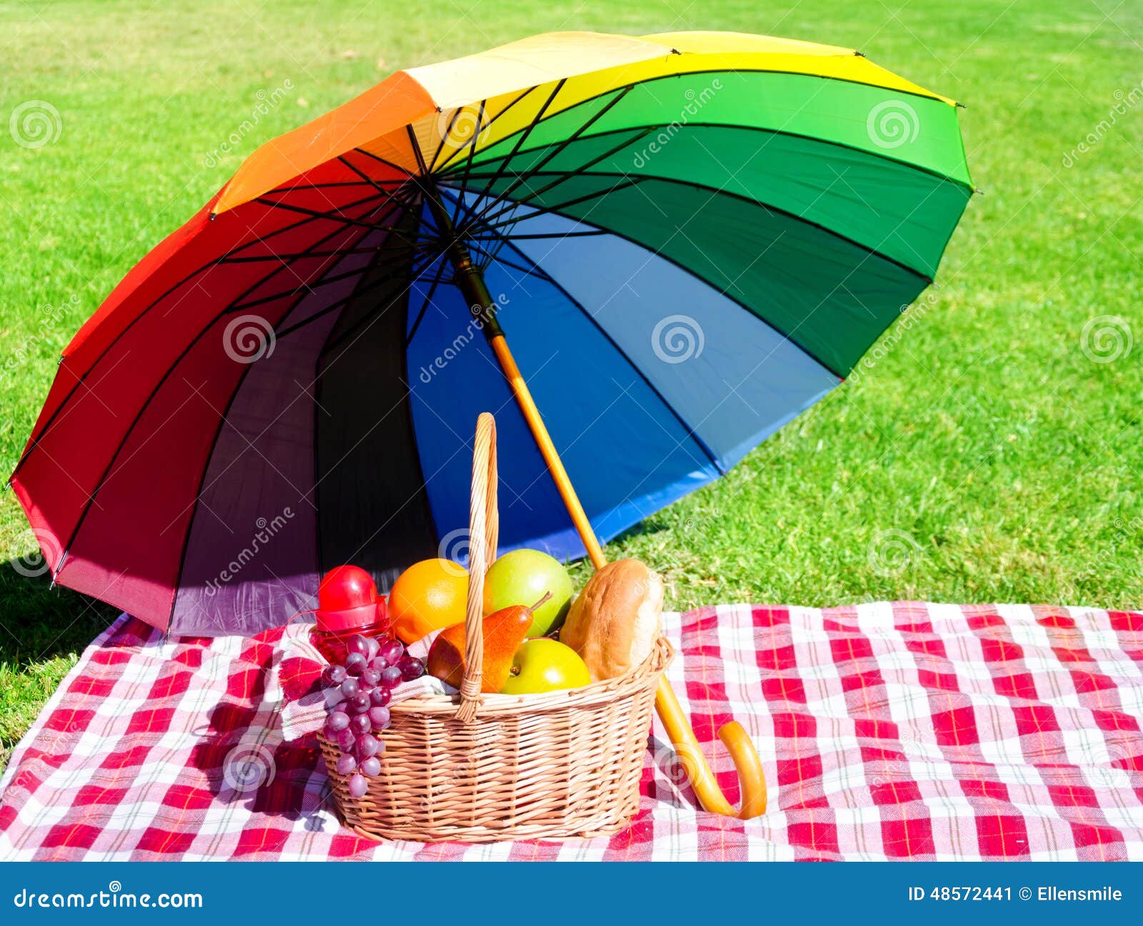 Rainbow Umbrella and Picnic Basket Stock Image - Image of pear, space ...