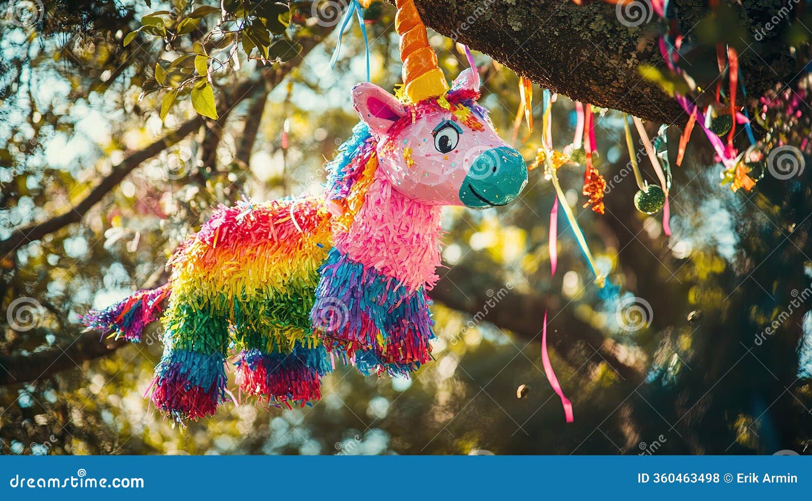 Rainbow Unicorn Pi?ata Hanging from Tree Branch Stock Photo - Image of summer, party: 360463498