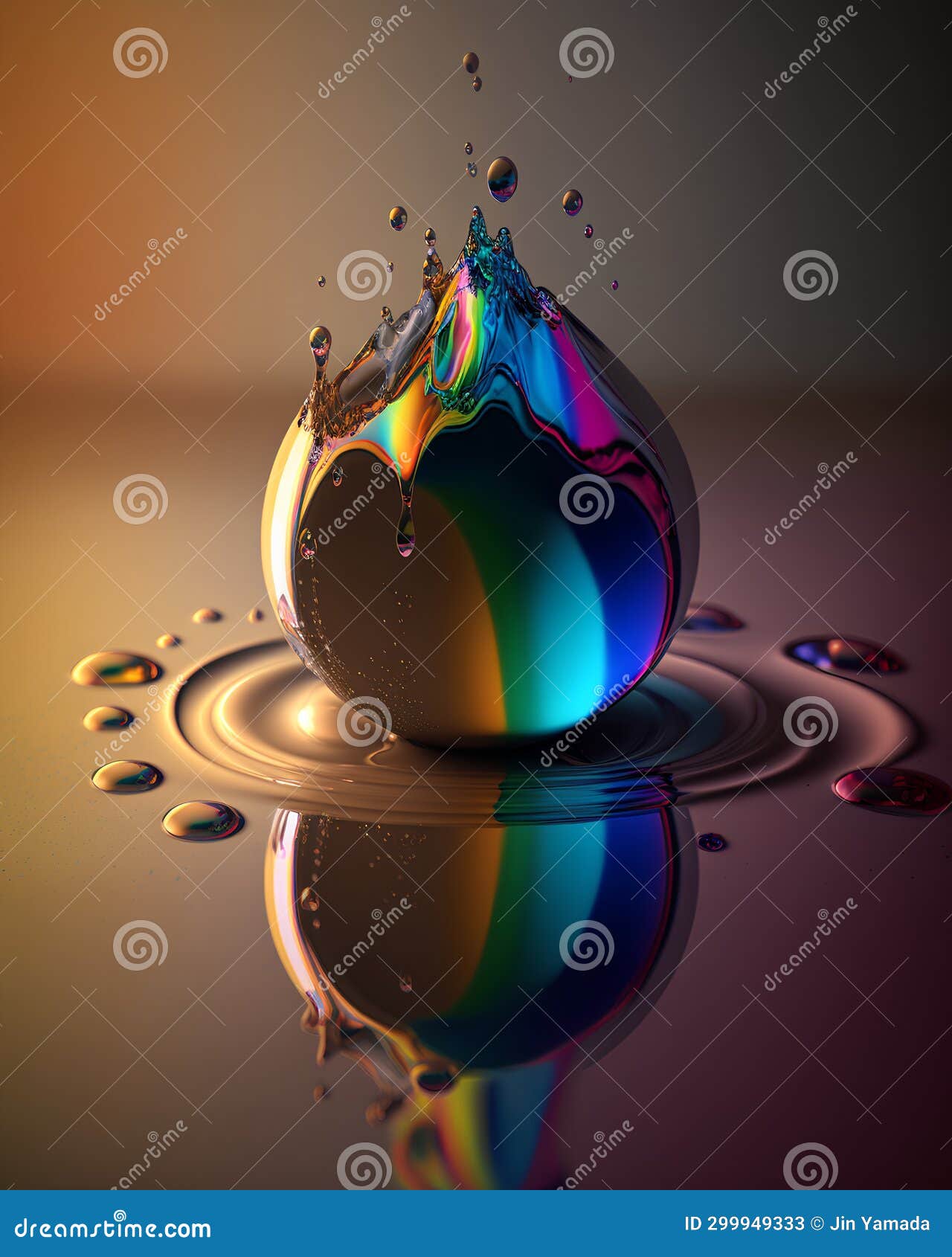 Rainbow Water Drop with Reflection on Water Surface. 3d Render Stock ...
