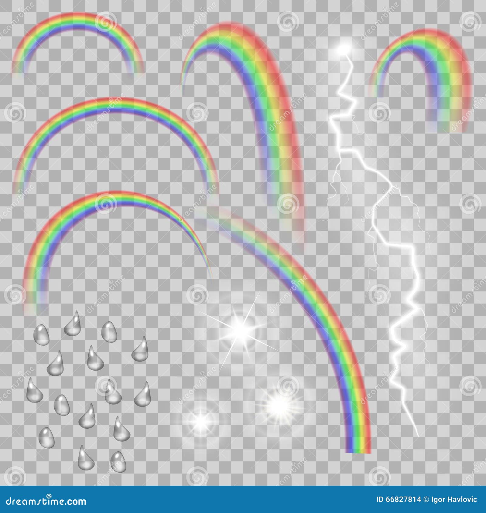 Rainbow Water Drops Lightning and Flares Set. Realistic Weather Effects ...