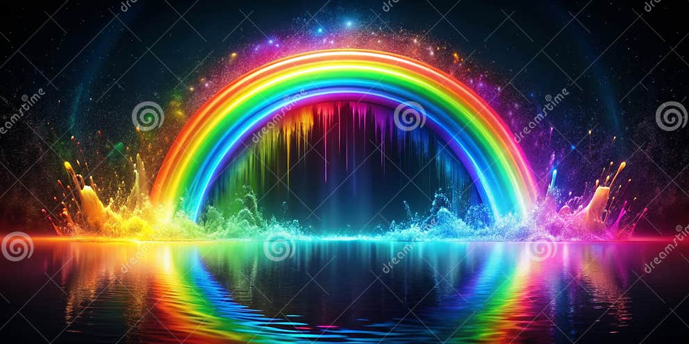 Rainbow Waterfall Colorful Composition, Night Sky, Water Reflection ...