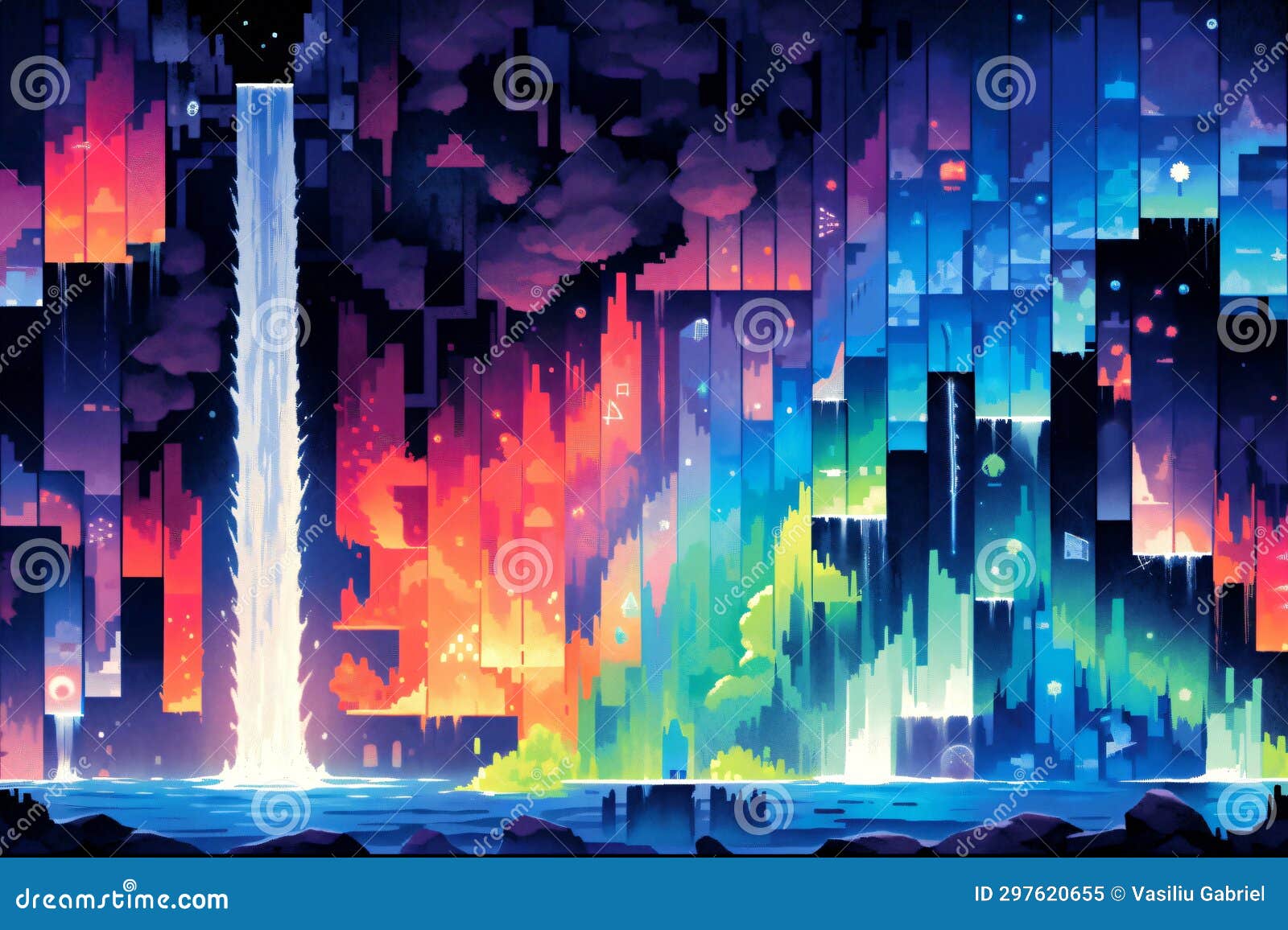 Rainbow Waterfall Made from a Collage of Sparsely Arranged Rectangular ...