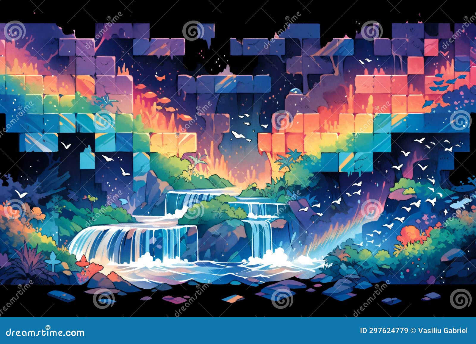 Rainbow Waterfall Made from a Collage of Sparsely Arranged Rectangular ...