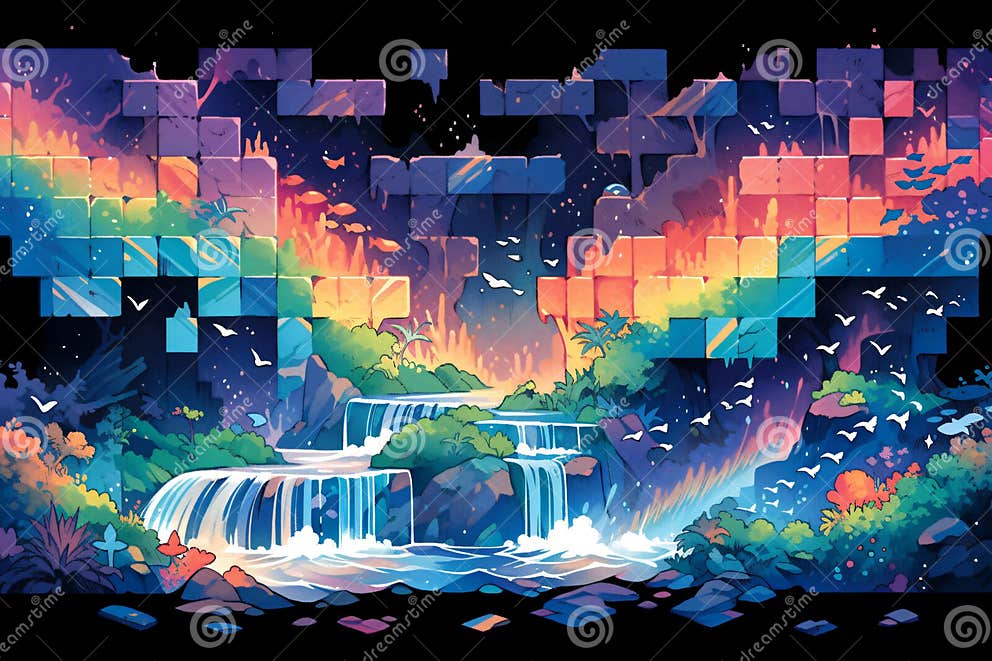 Rainbow Waterfall Made from a Collage of Sparsely Arranged Rectangular ...