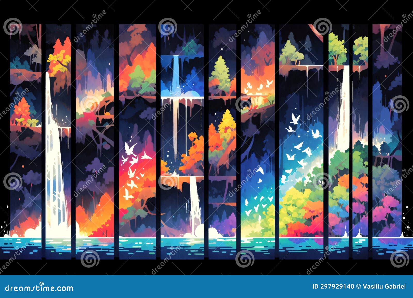 Rainbow Waterfall Made from a Collage of Sparsely Arranged Rectangular ...