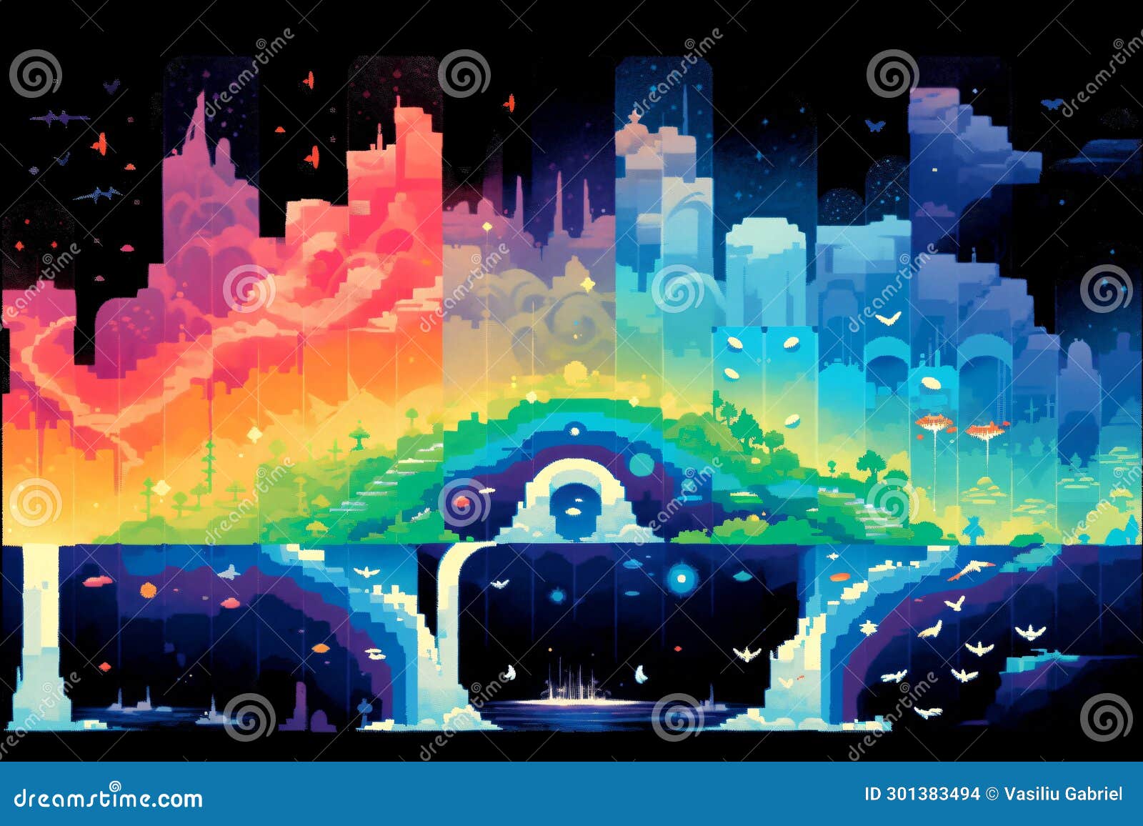 Rainbow Waterfall. Realistic 3d Natural Objects And Physical Event ...