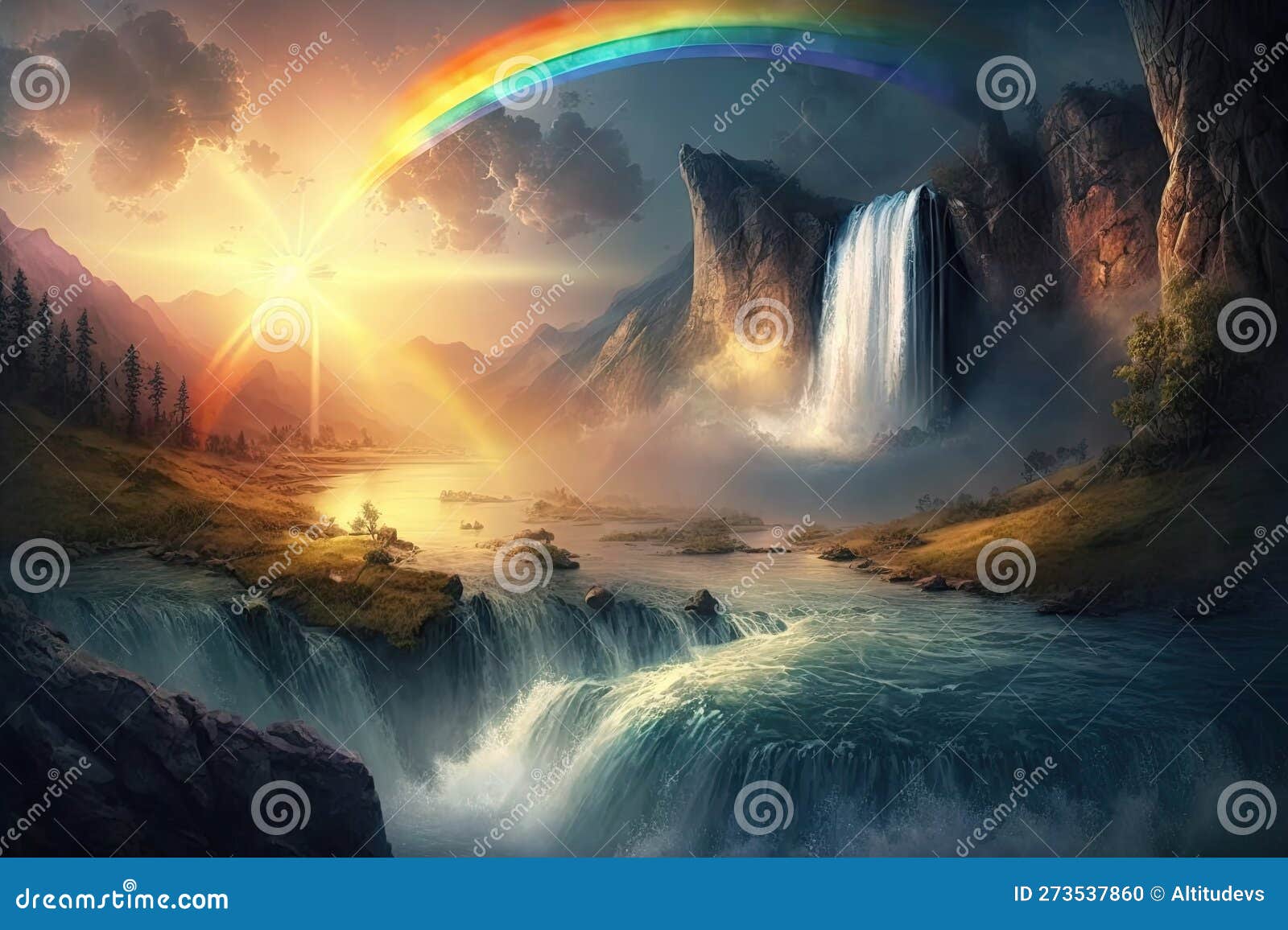 Rainbow Waterfall. Realistic 3d Natural Objects And Physical Event ...