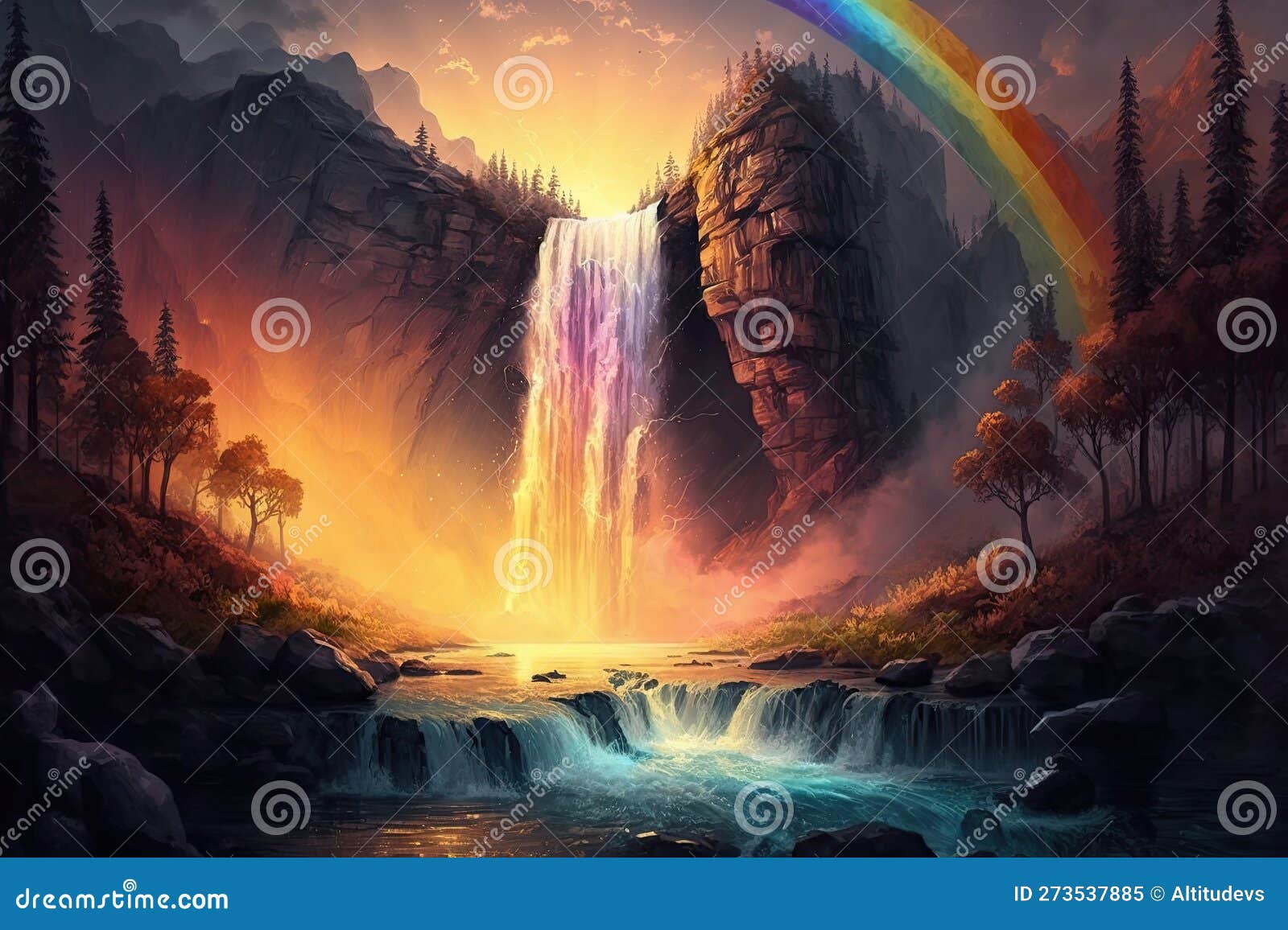 Rainbow Waterfall. Realistic 3d Natural Objects And Physical Event ...