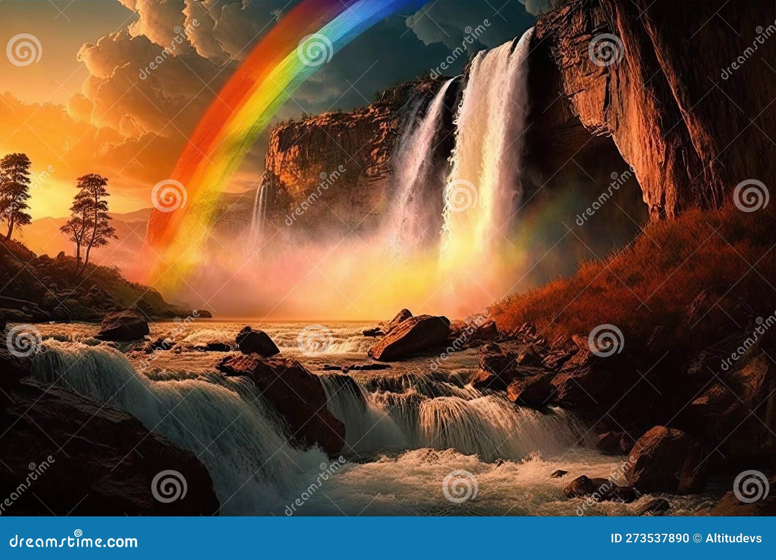 Rainbow Waterfall. Realistic 3d Natural Objects And Physical Event ...