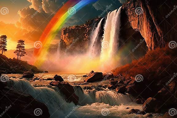 Rainbow Waterfall, with the Sun Setting Behind it, Creating a Magical ...