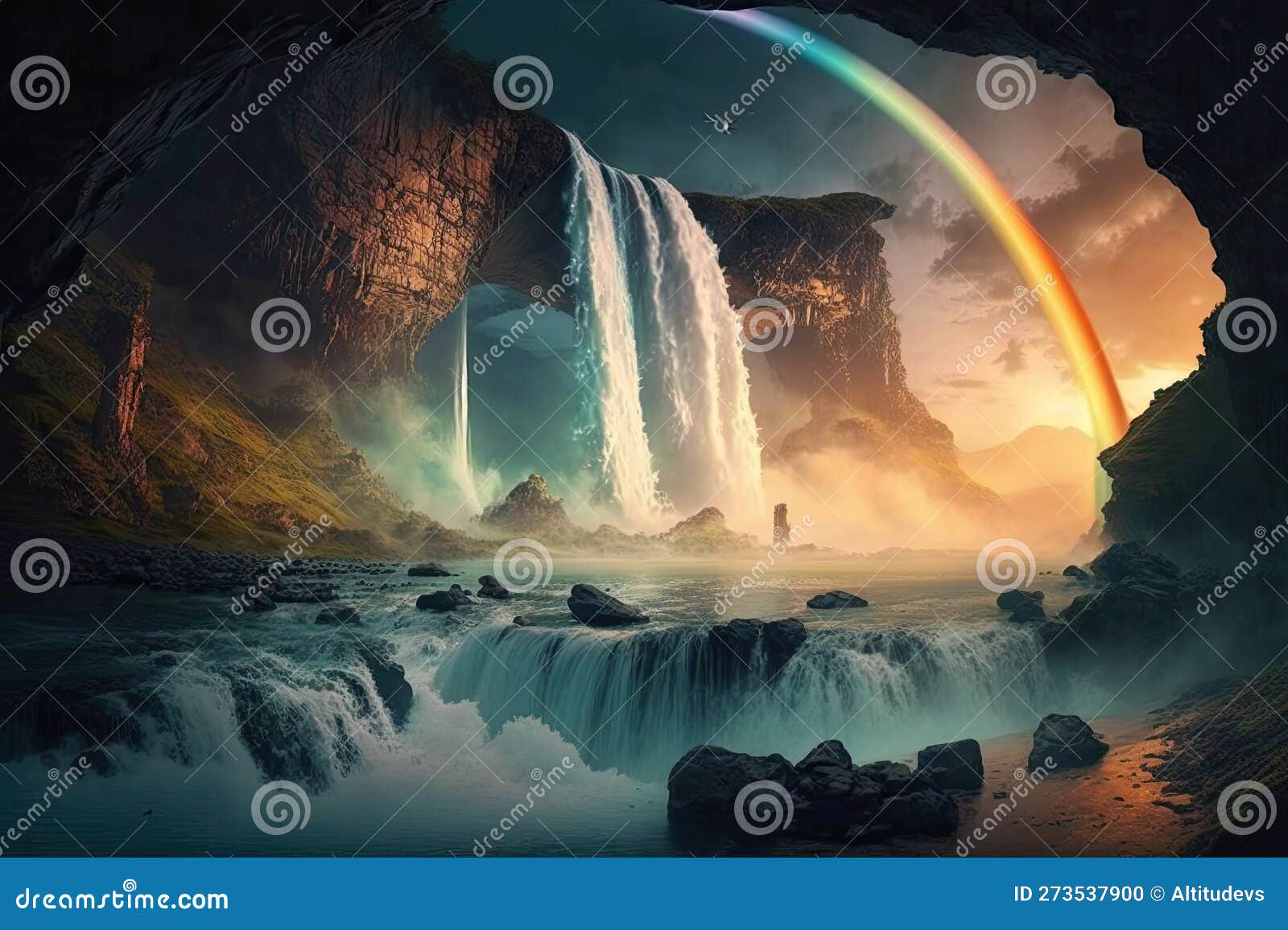 Rainbow Waterfall. Realistic 3d Natural Objects And Physical Event ...