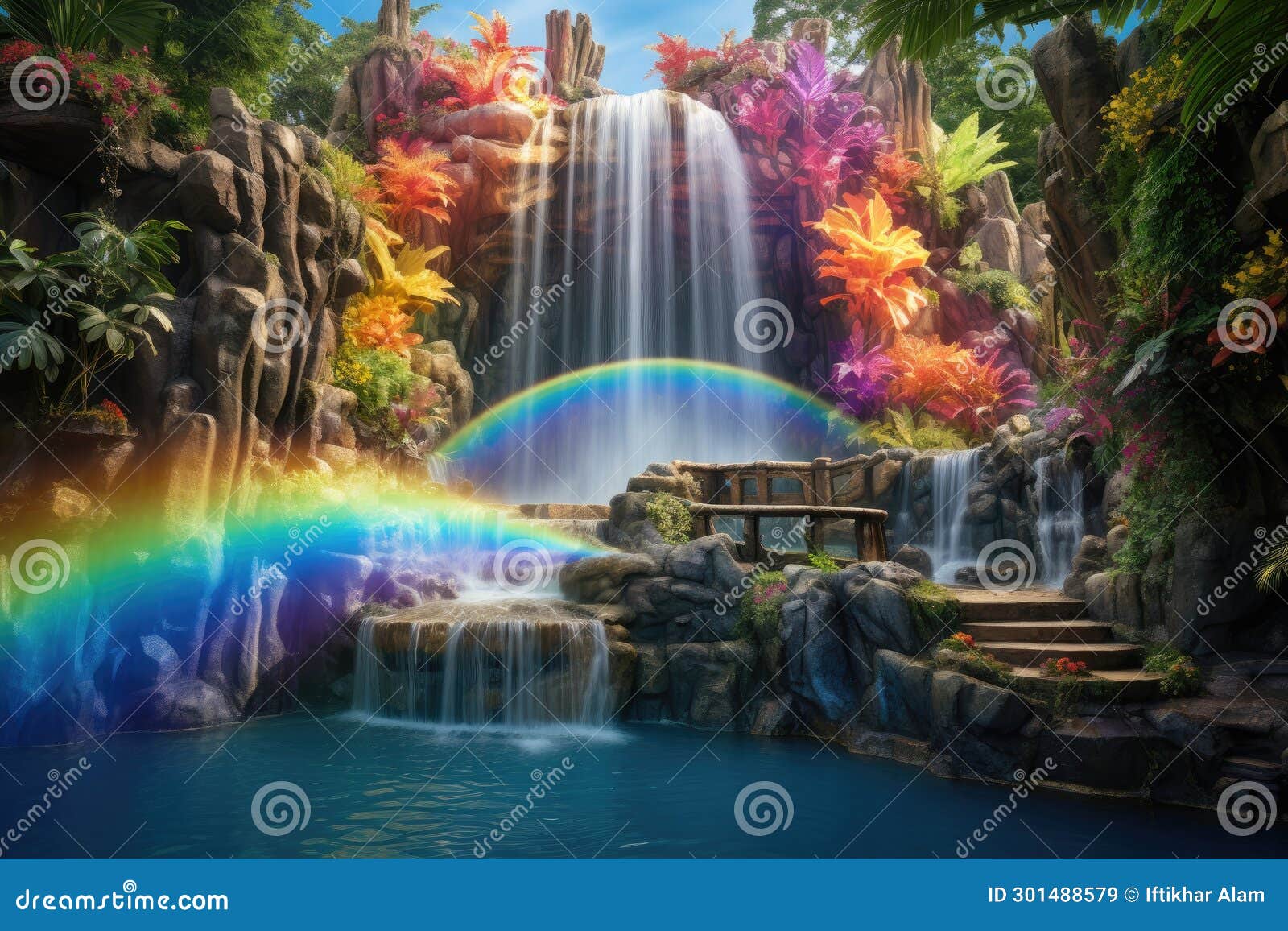 Rainbow and Waterfall in the Tropical Garden. 3d Rendering, a Magical ...