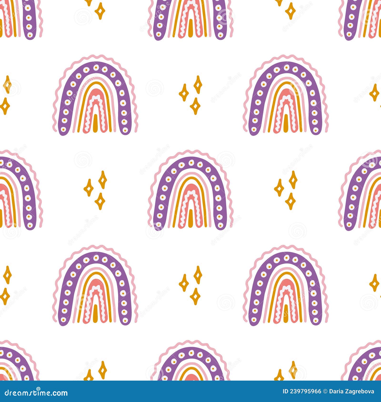 Rainbow on White Background, Vector Seamless Pattern in Hand Drawn ...