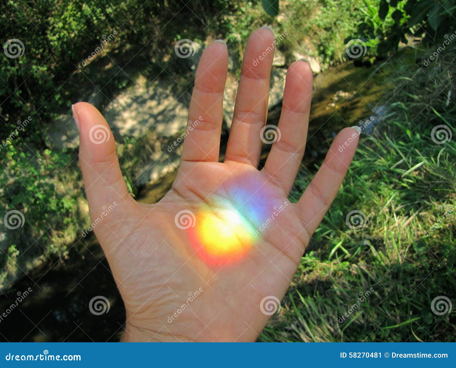 Rainbow in your hand stock image. Image of grass, hand - 58270481