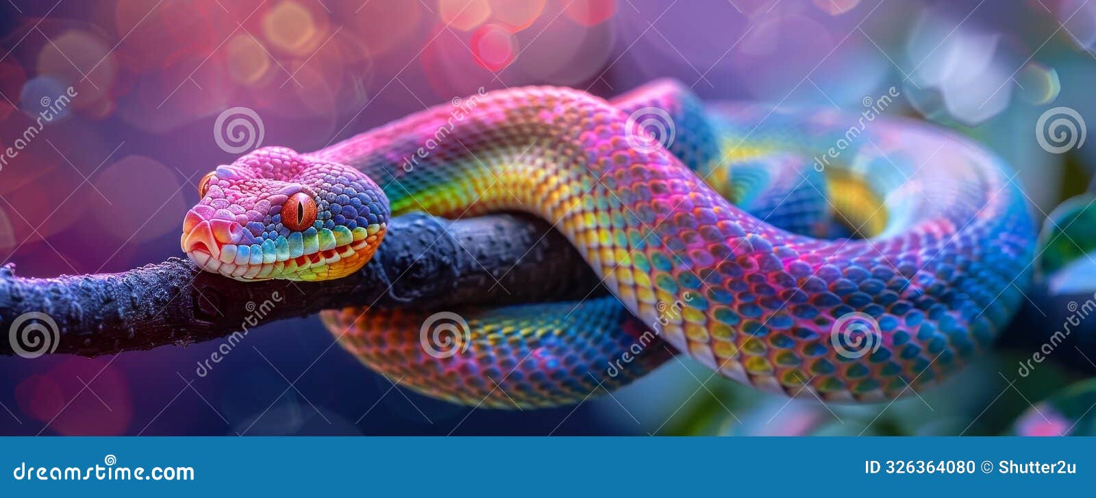Rainbowcolored Snake Coiled on a Neon Branch Glowing Intensely in the ...