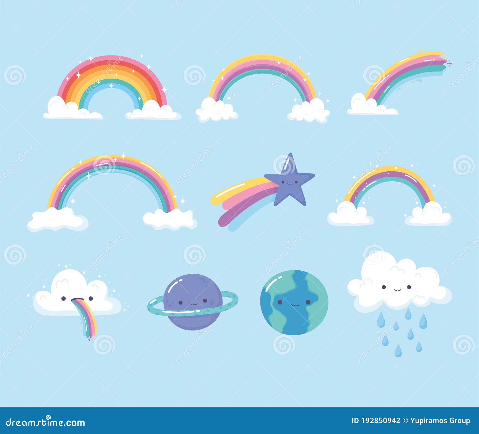 Rainbows Planets Shooting Star with Clouds Sky Cartoon Icons Stock ...