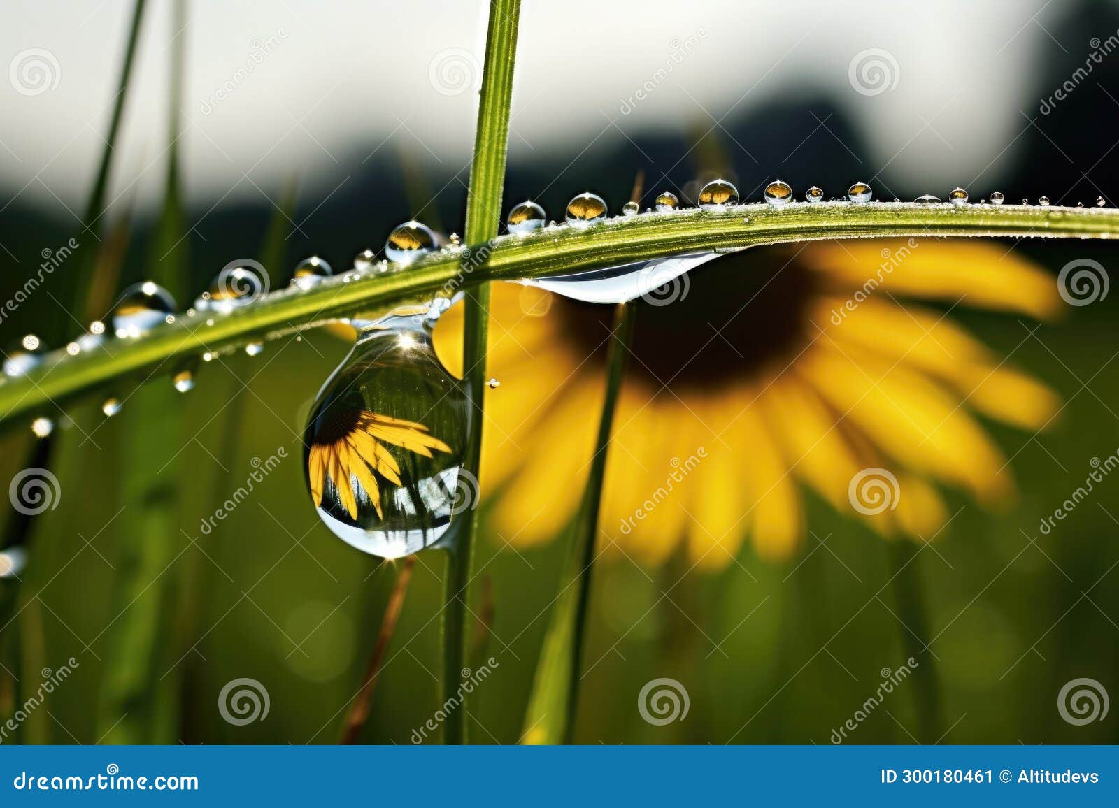 A Raindrop on a Blade of Grass Reflecting a Sunflower Field Stock Image ...