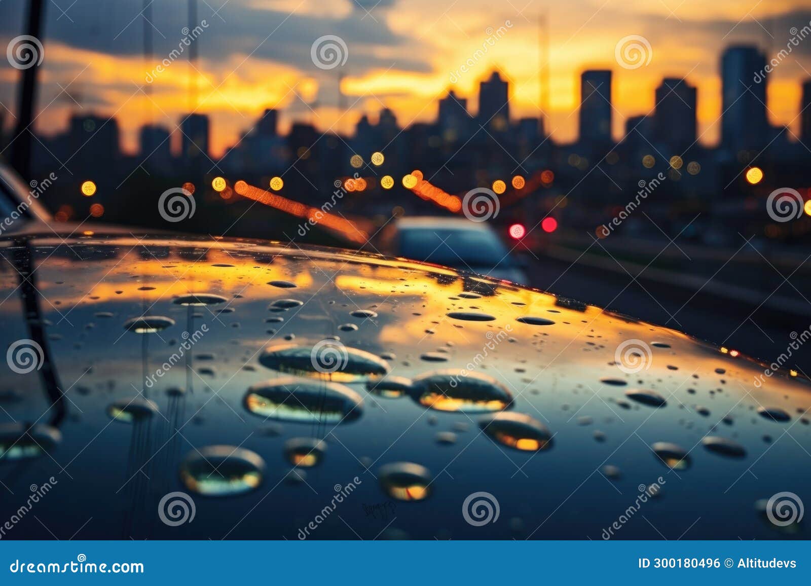 Raindrop on a Car Windshield Reflecting City Skyline Stock Photo ...