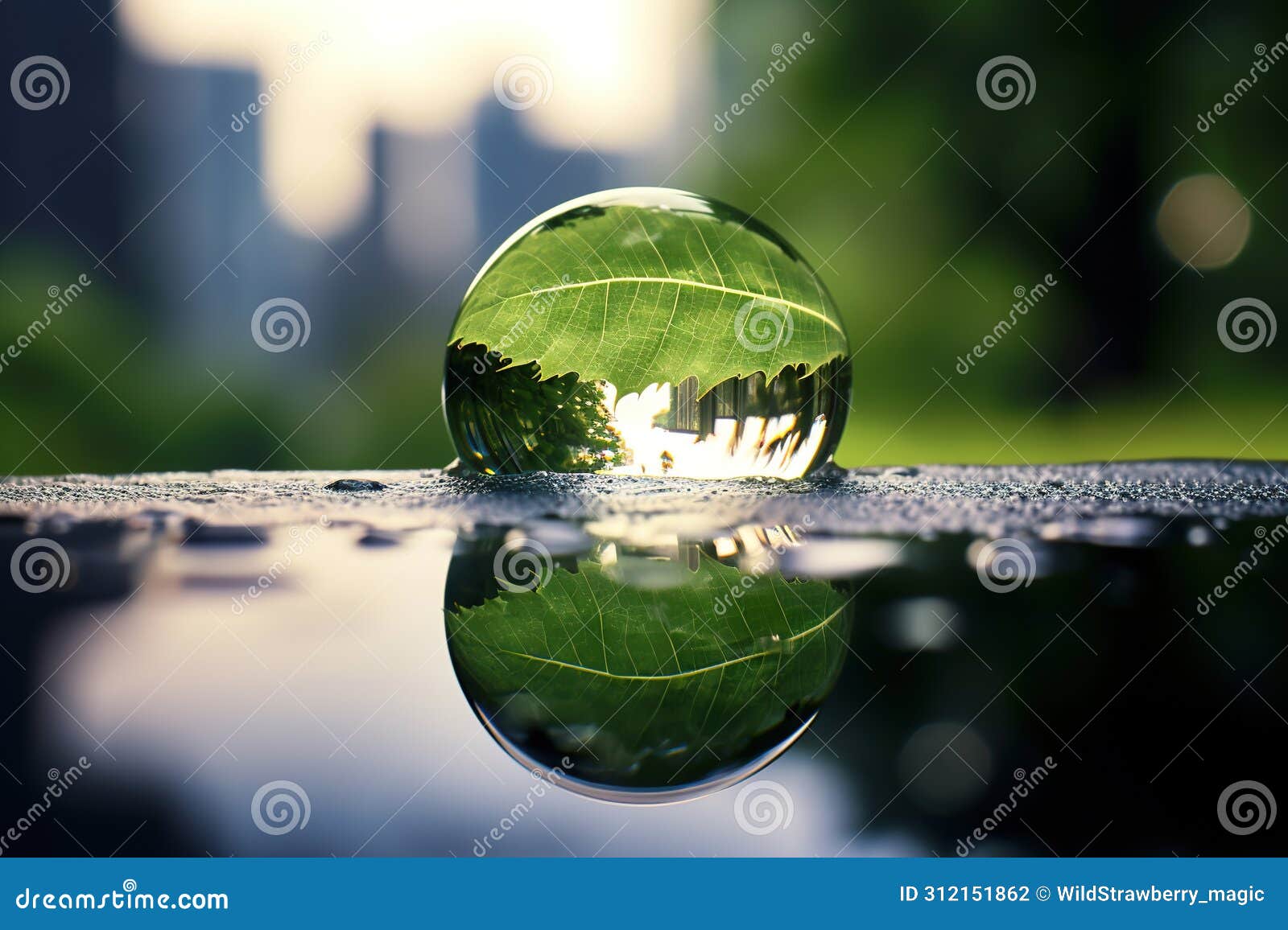 Raindrop on a Glass Sphere Reflecting a Leaf and Cityscape., Generated ...