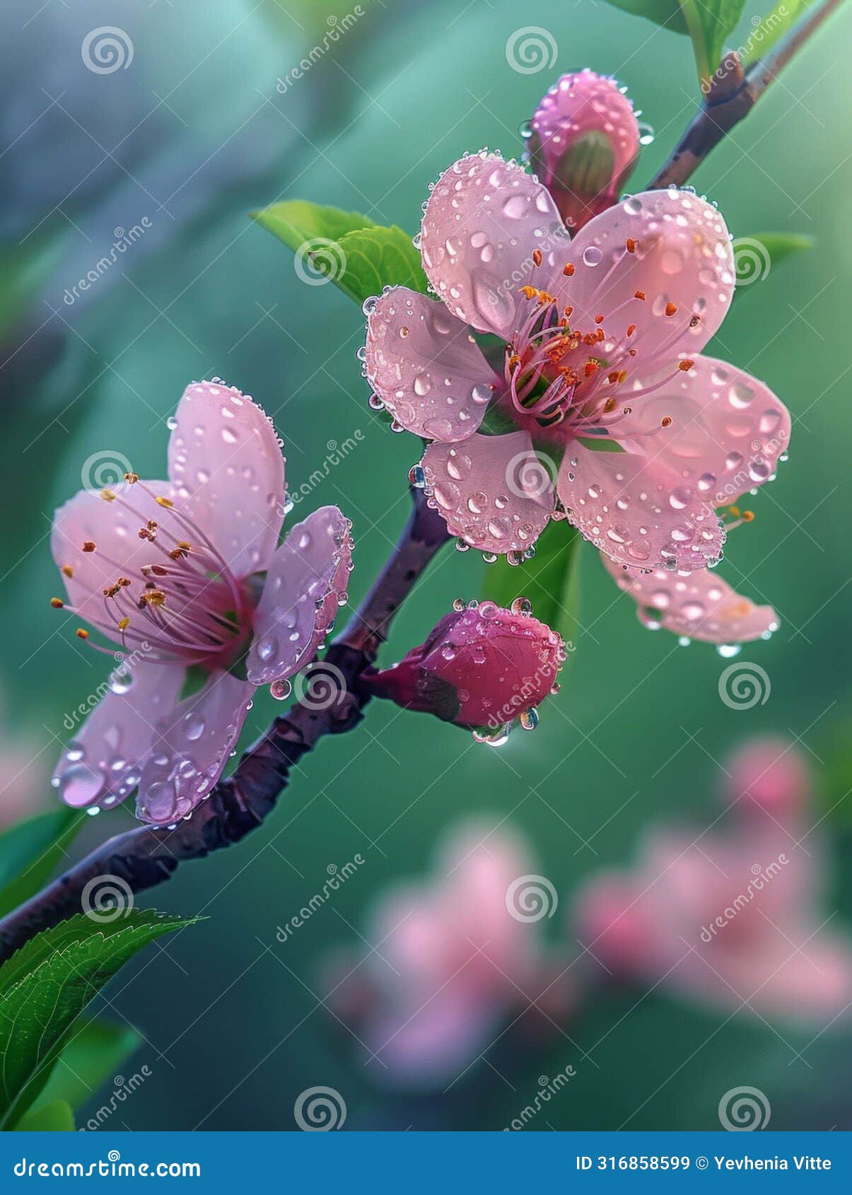 Raindrops On Cherry Blossoms In Spring Generative Ai Stock