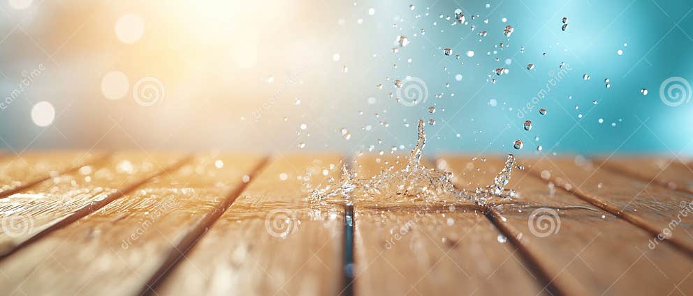 Raindrops Create Beautiful Splashes on Wooden Deck, Evoking Tranquility ...