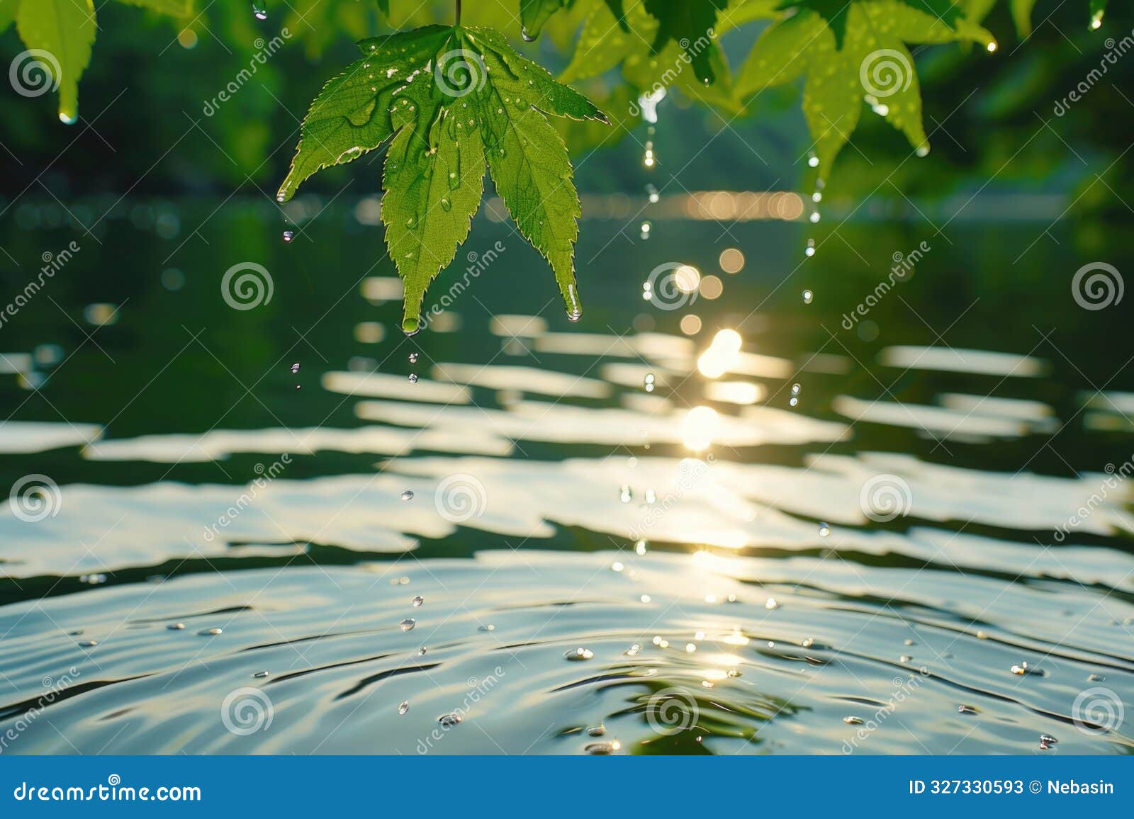 Raindrops Fall from a Maple Leaf, Creating Ripples in the Calm Water of ...