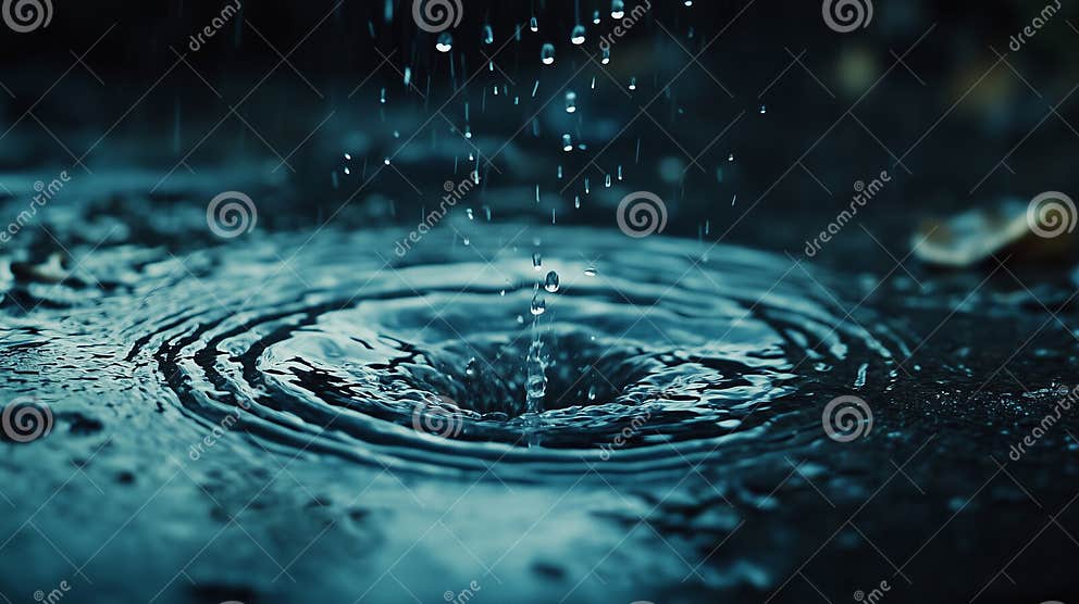 Raindrops Create Ripples in a Tranquil Puddle Under Cloudy Skies during ...