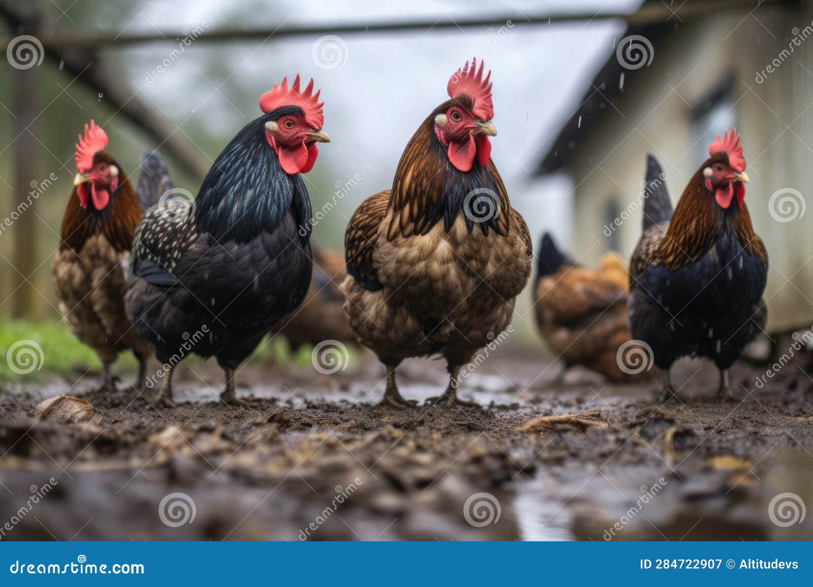 Raindrops Falling on Hens Pecking at a Muddy Ground Stock Illustration ...