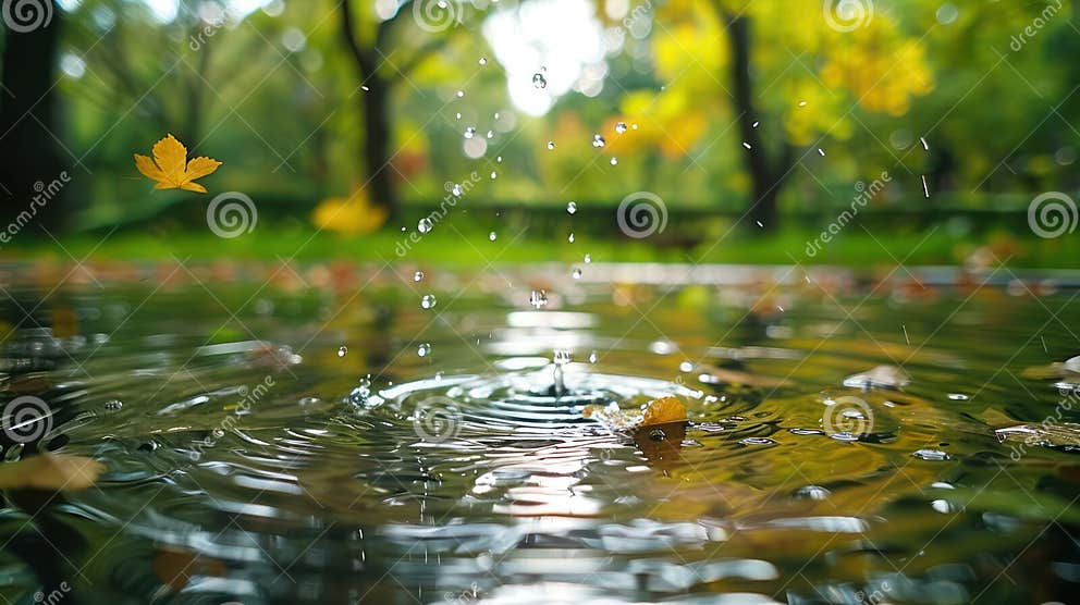 Raindrops Falling into a Puddle with Autumn Leaves on a Blurry ...