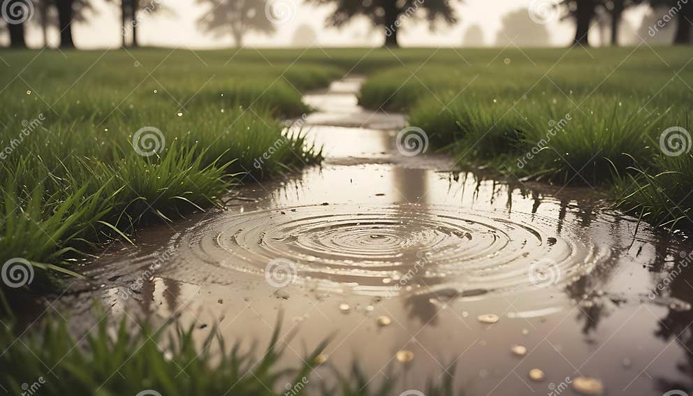 Raindrops Falling on a Wet Surface, Creating Splashes and Ripples in a ...