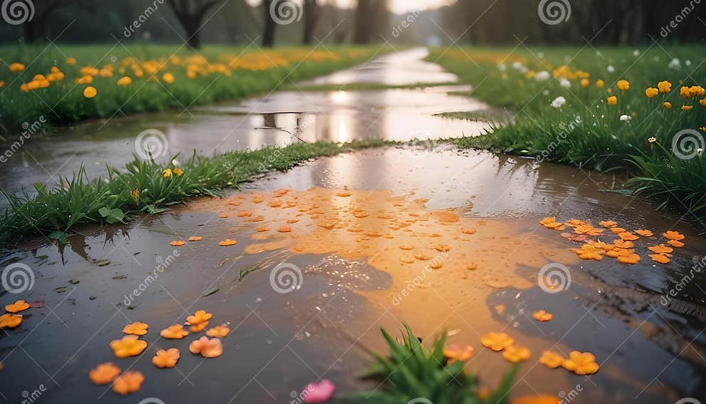 Raindrops Falling on a Wet Surface, Creating Splashes and Ripples in a ...