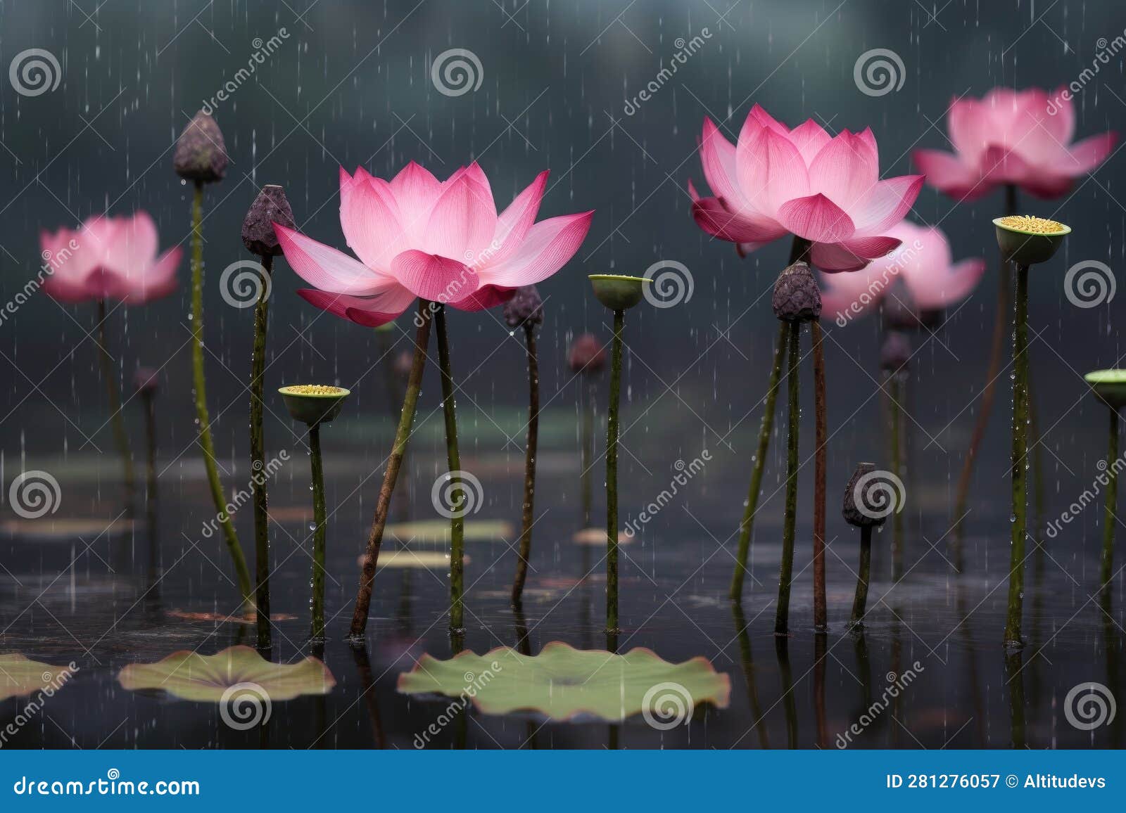 Raindrops Gently Falling on Floating Lotus Flowers in a Pond Stock ...
