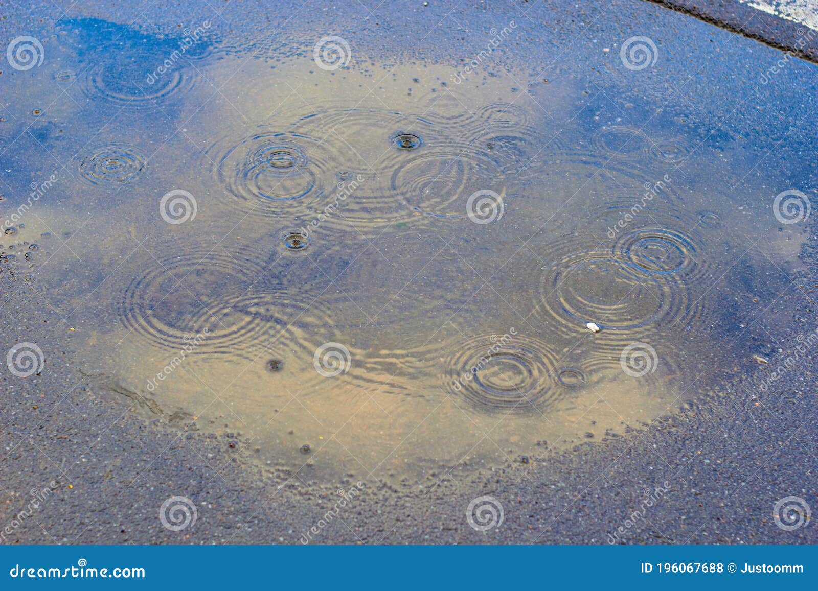 Raindrops in a Puddle on the Asphalt with the Reflection of Clouds ...
