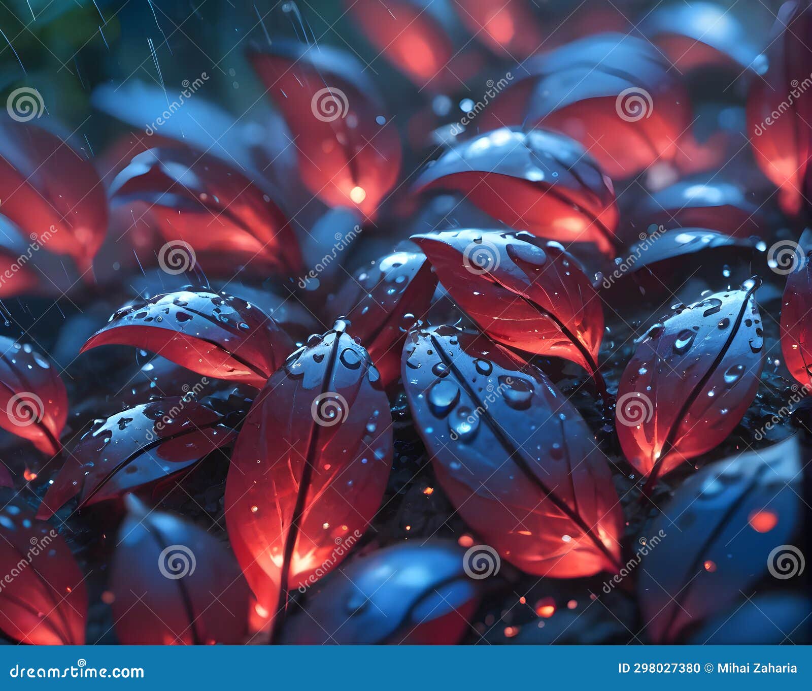 Raindrops on Red Leaves at Night. Illustration Created with Generative ...