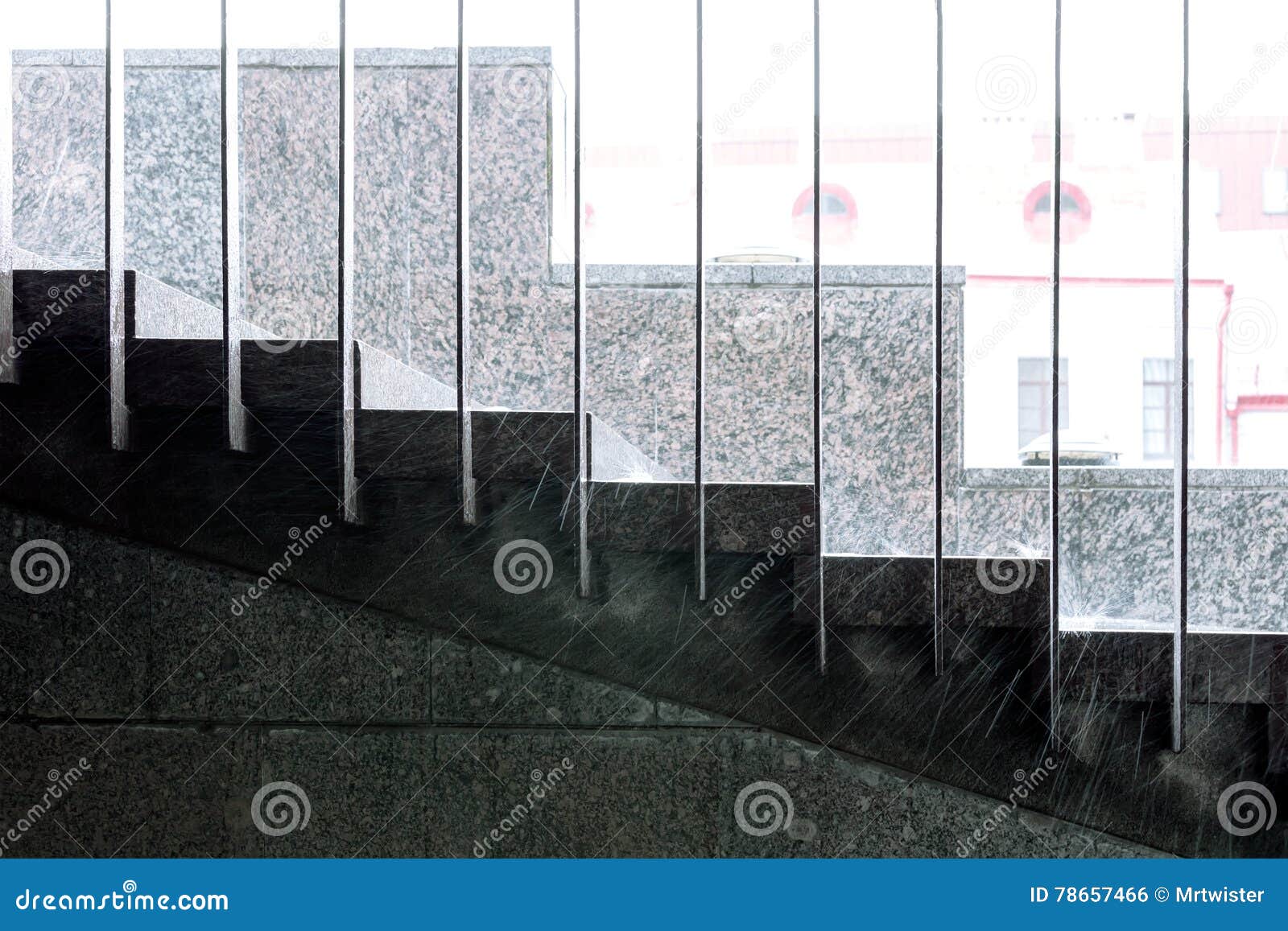 Raindrops on Staircase during Downpour. Heavy Rain in City. Stock Photo ...