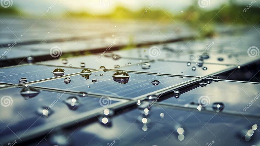 Raindrops on the Surface of the Solar Panel. Spherical Shape of Water ...