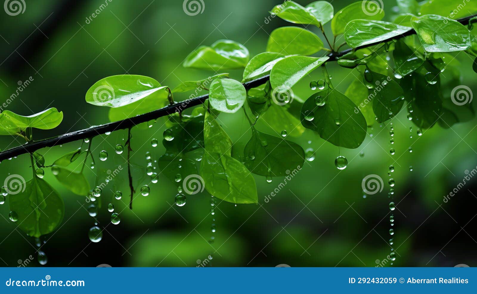 Raindrops on a Tree Branch with Green Leaves Stock Illustration ...