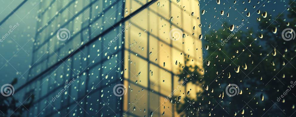 Raindrops on Window with Modern Building Reflection Stock Image - Image ...