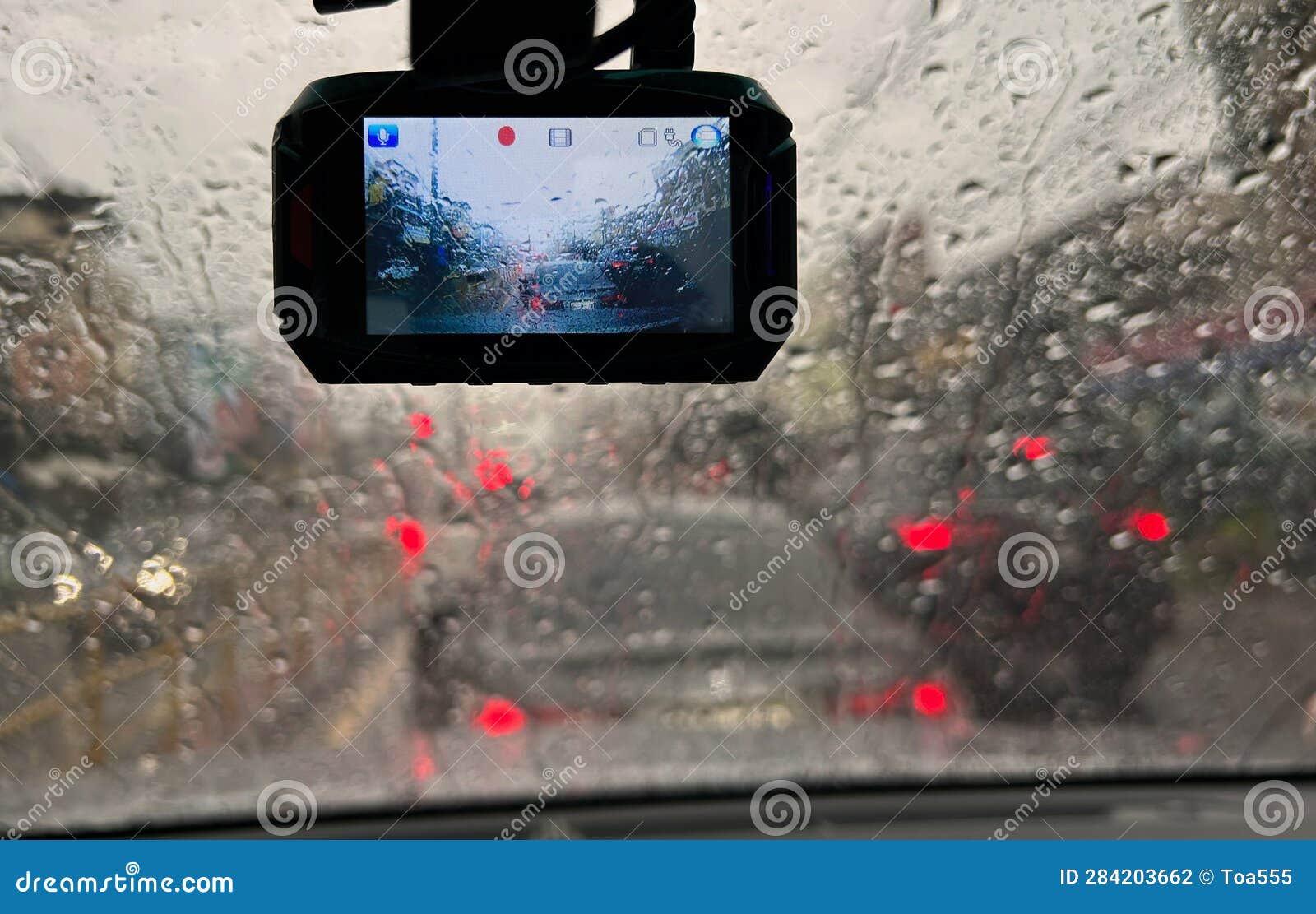 Raindrops on Windshield from Inside the Car in Traffic Jam Stock Photo ...