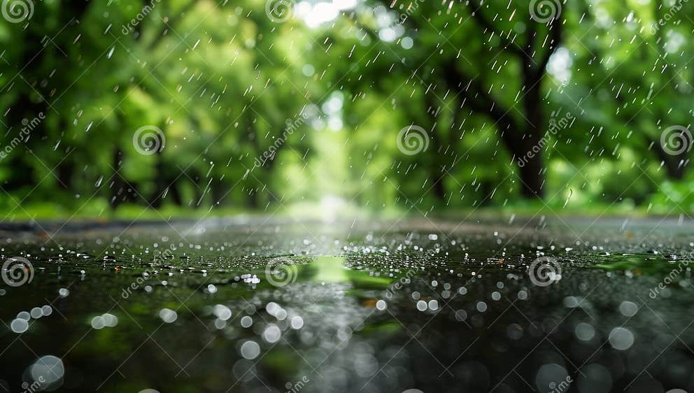 Rainfall in a Lush Green Forest with Droplets Hitting a Puddle on the ...