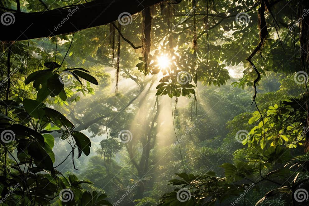Rainforest Canopy with Morning Sunlight Filtering through Stock Image ...