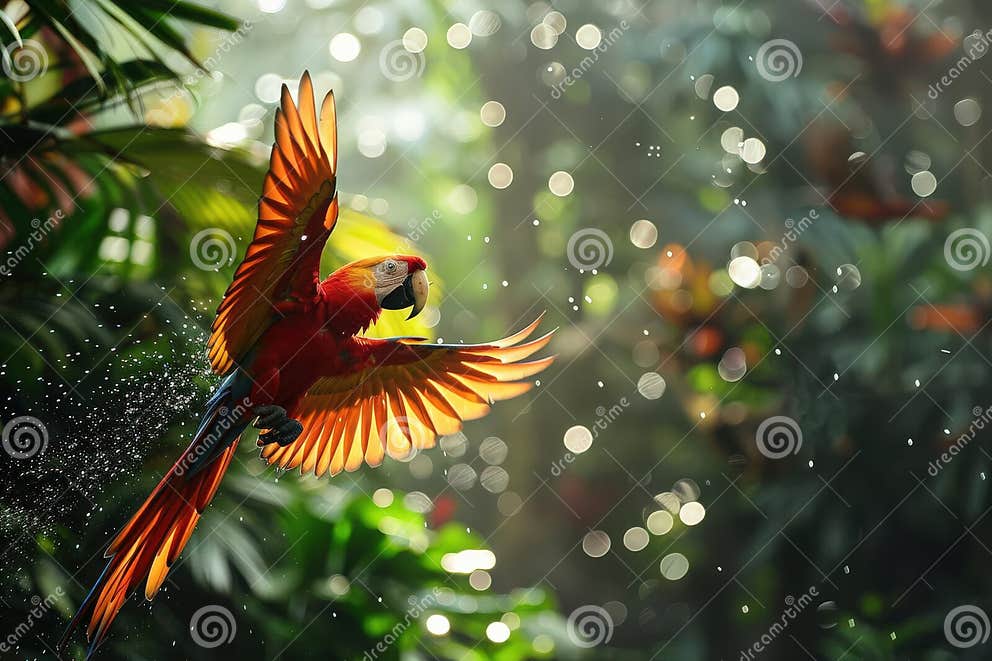 Rainforest with Colorful Parrots in Flight, Dynamic and Lively ...
